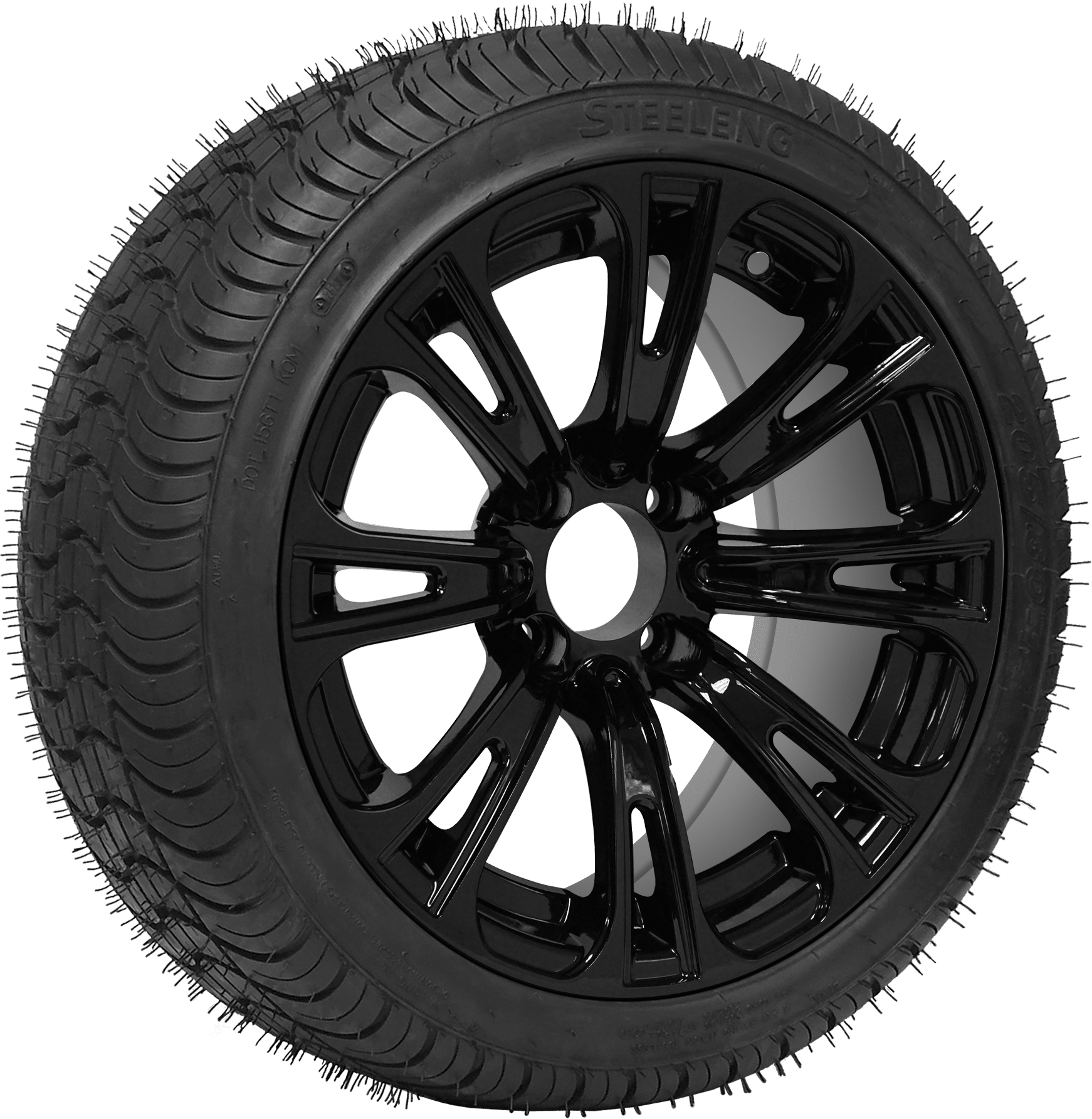 SGC 14″ Voodoo Glossy Black Wheel & STEELENG Tire Combo